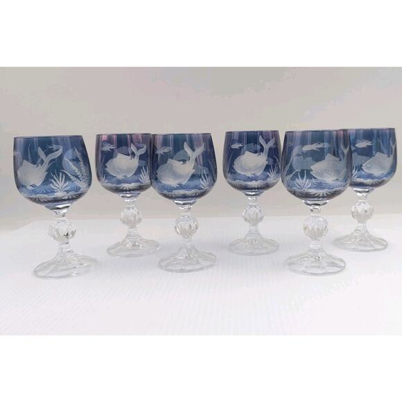 Unbranded | Dining | Vintage 6 Blue Cut To Clear Wine Serry Stem Glass ...